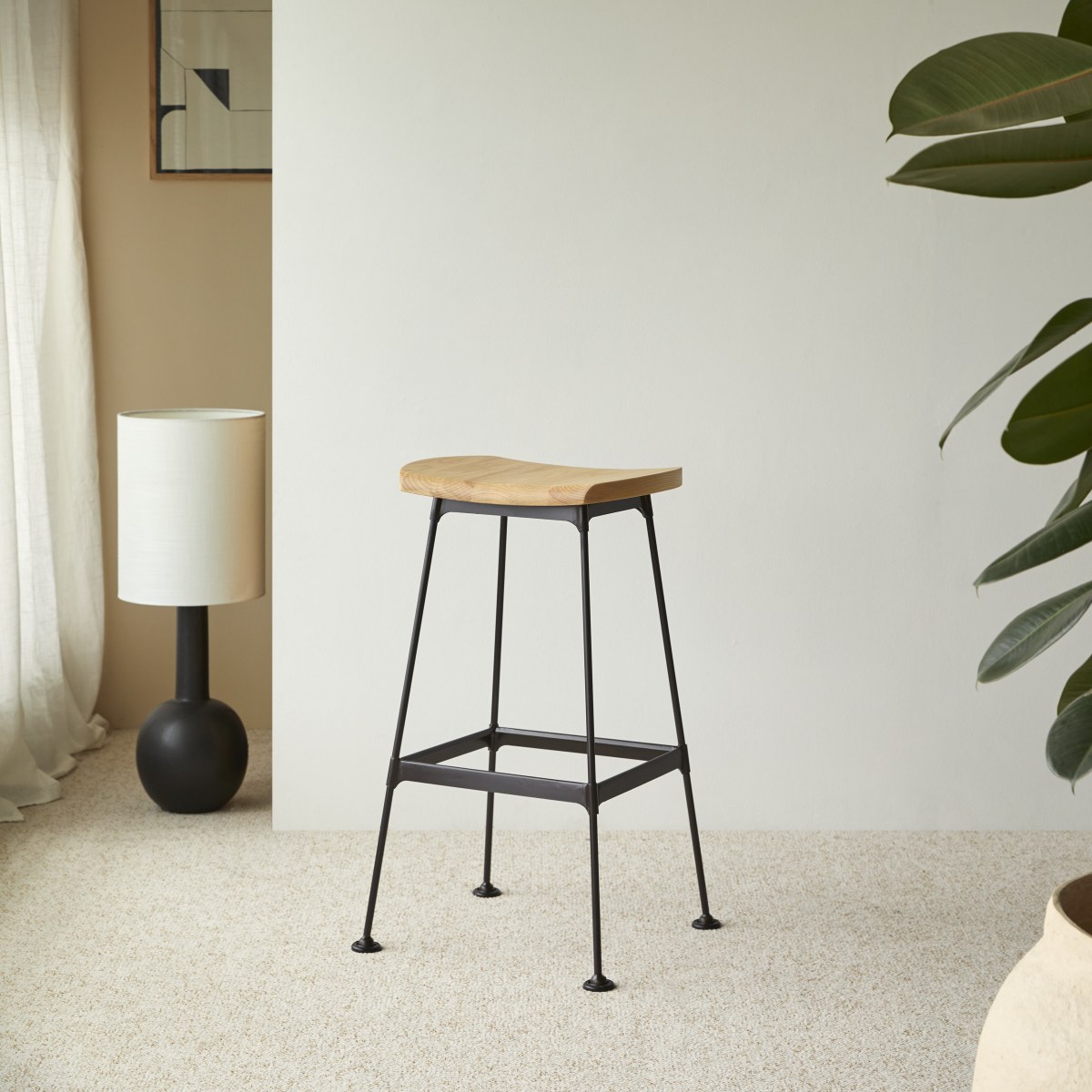 Ash wood and black metal bar stool Living room seating Tikamoon