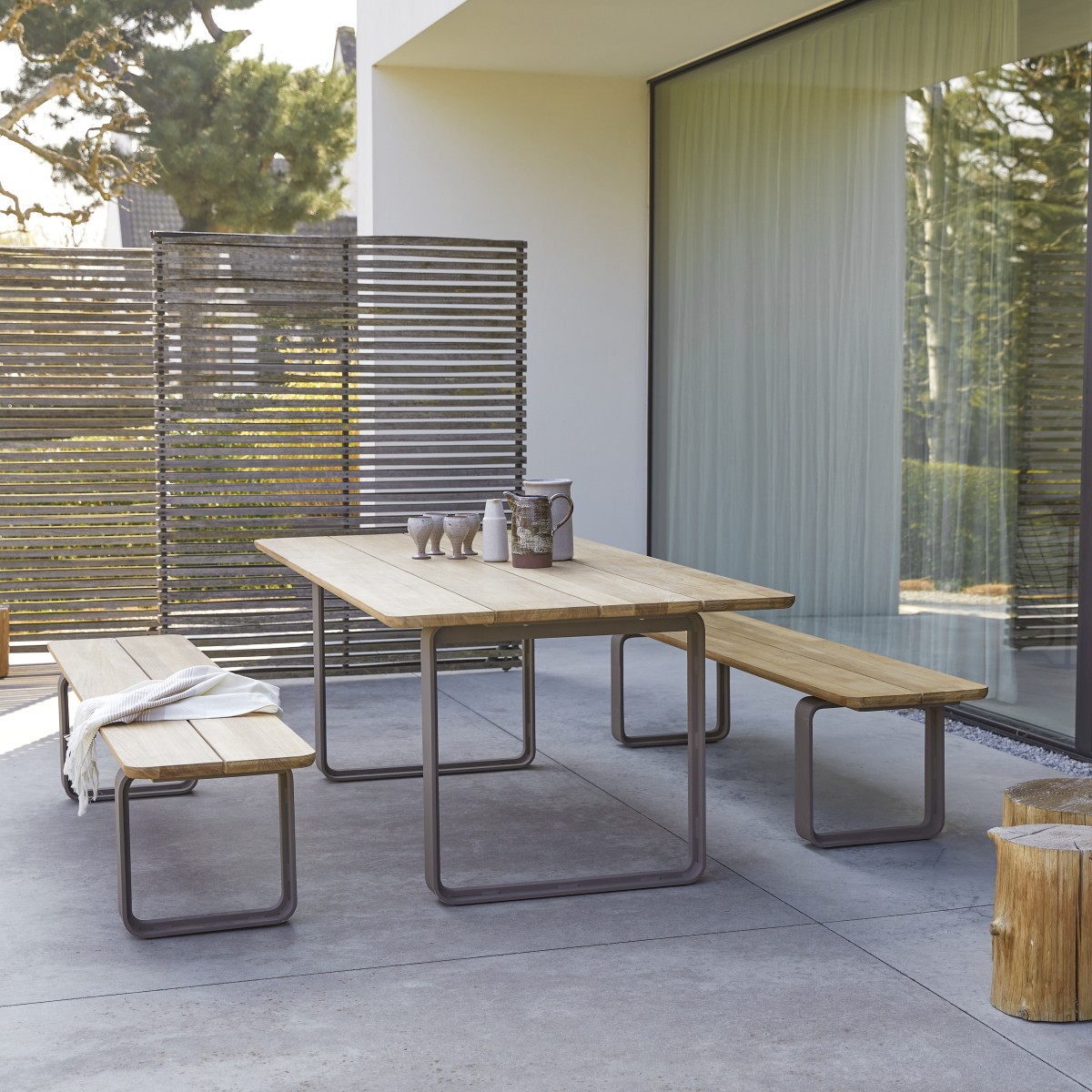 Harper Solid teak and aluminium garden table and benches set