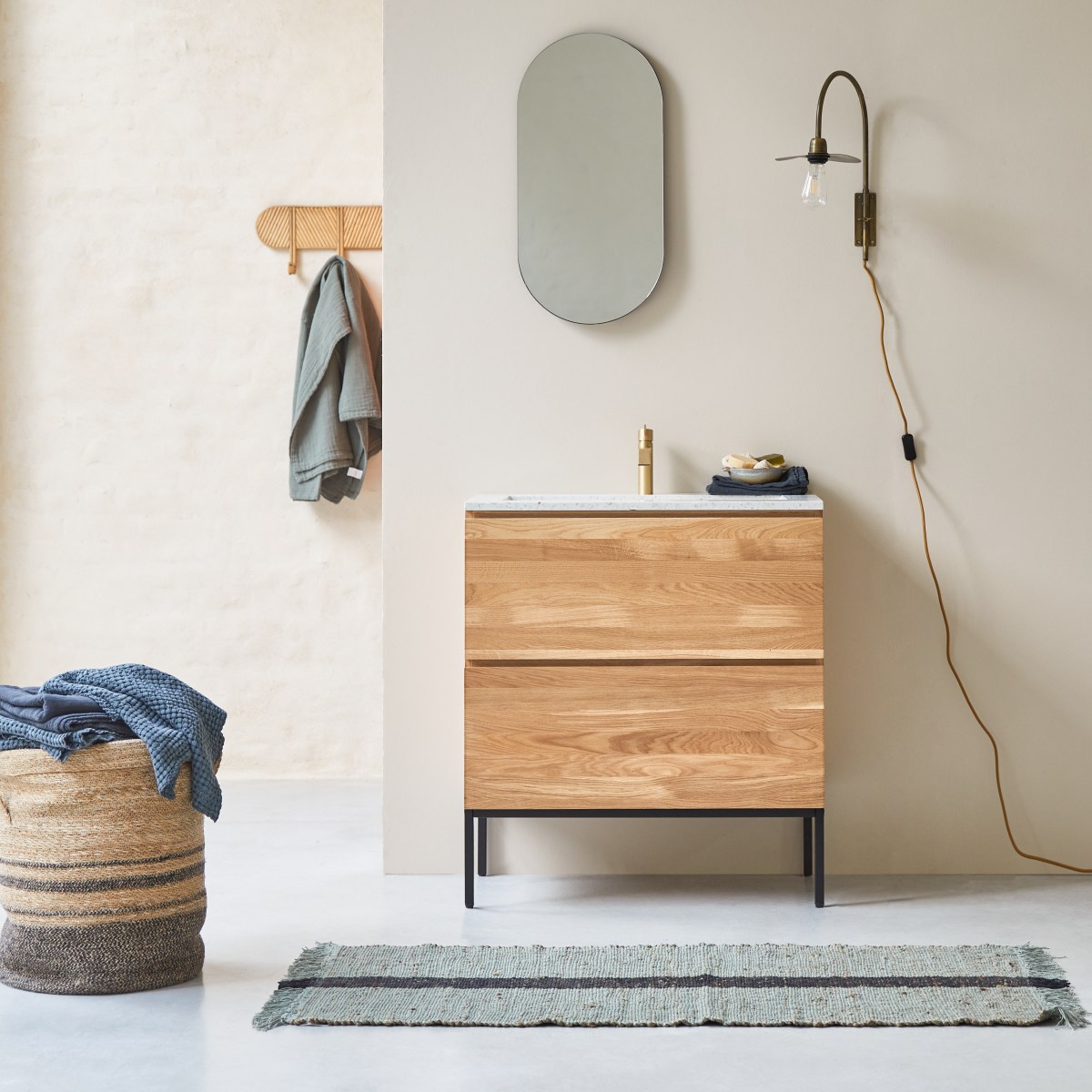 Eiken meubel met waskom moon 80 cm Nova - Badkamermeubilair - Tikamoon