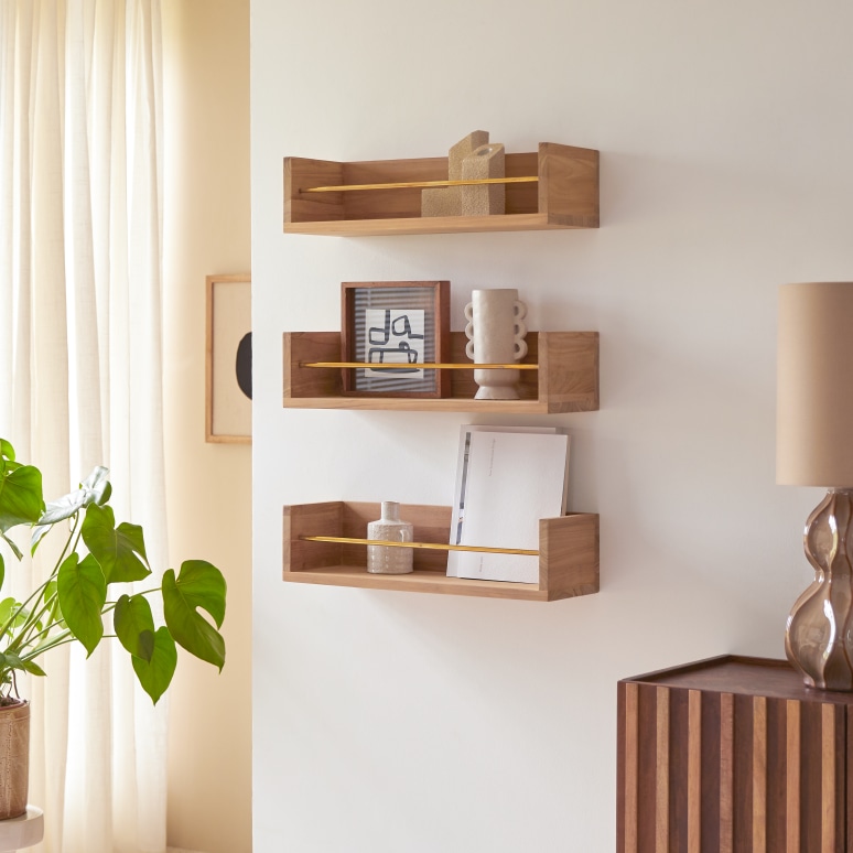 Kids teak and brass wall shelf 60 cm Bedroom furniture Tikamoon