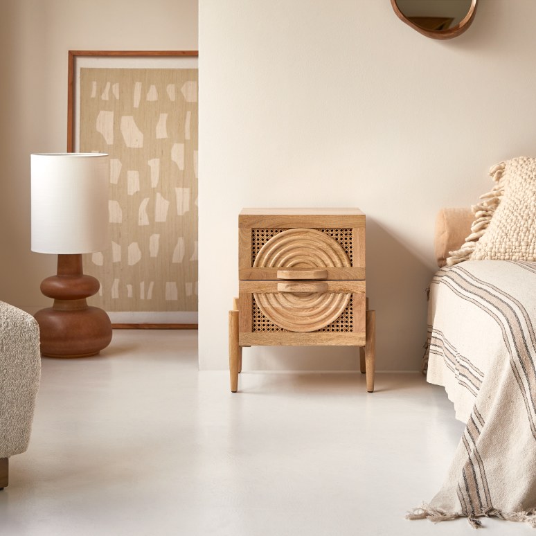 Solid Mango Wood and Rattan Nightstand - Bedroom / Bedside Tables ...