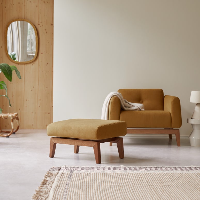 Solid oak and mustard-coloured fabric footrest - Living room / Sofa ...