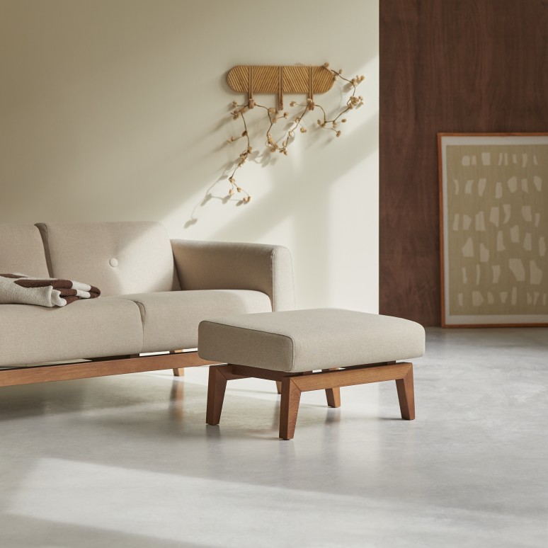 Solid oak and ecru-coloured fabric footrest - Living room / Sofa - Tikamoon